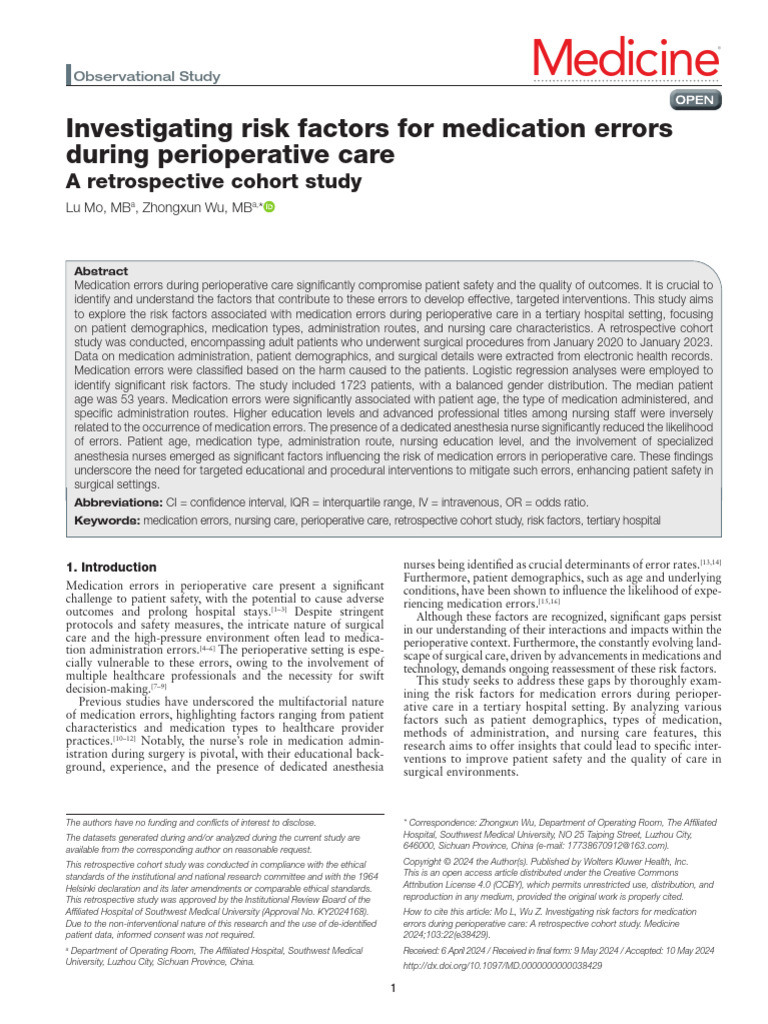 Investigating Risk Factors for Medication Errors.14 | PDF | Medical Error | Patient Safety