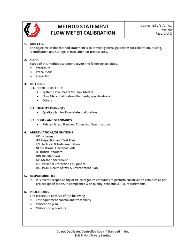 Flow Meter Calibration Method Statement | PDF | Calibration | Pressure ...