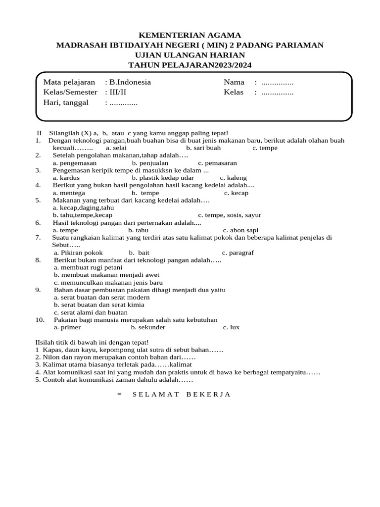 SOAL UH TEMA 7 KLS III B.I | PDF