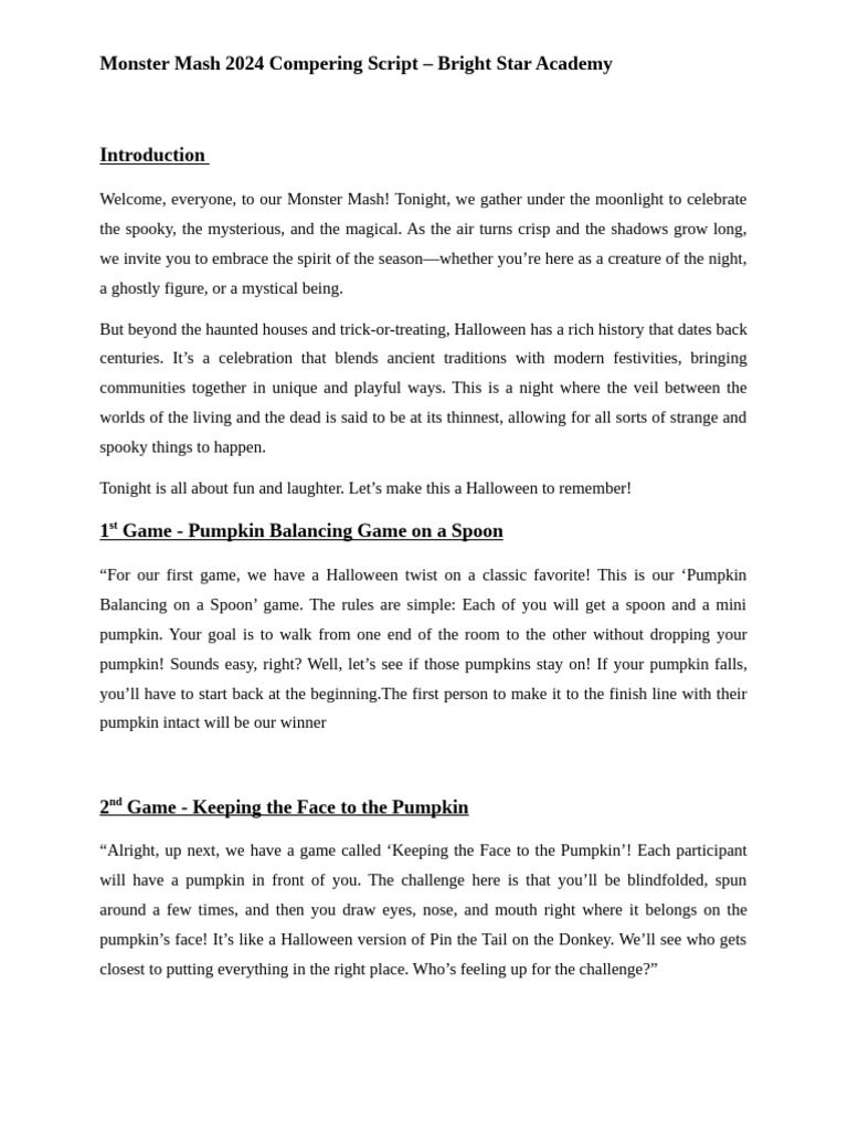 Monster Mash 2024 Compering Script | PDF