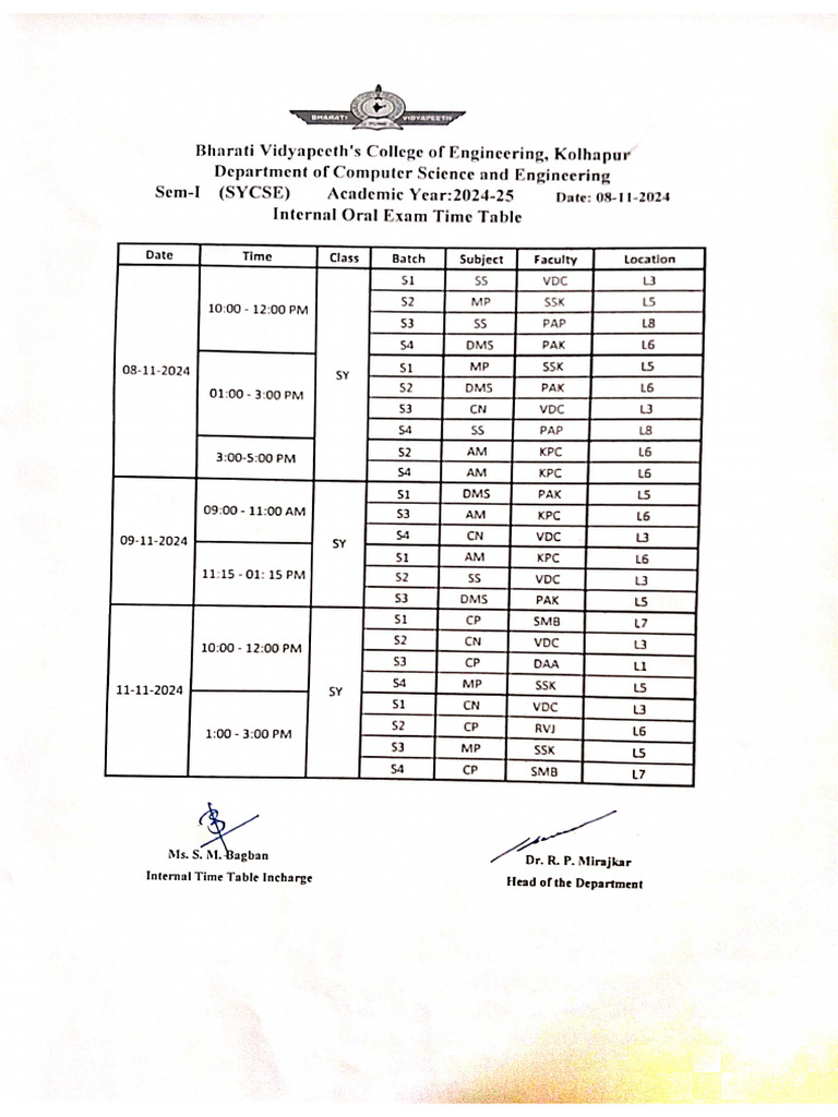Internal Oral Time Table SEM-I 2024-25 | PDF