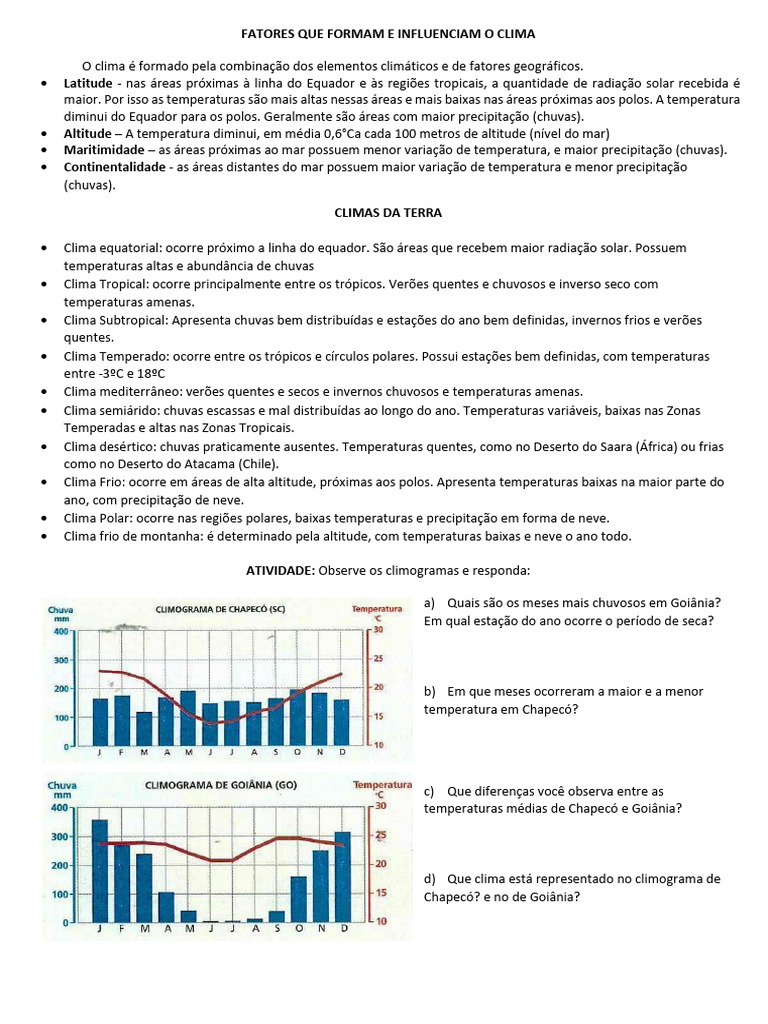 Clima - Fatores Tipos e Climograma | PDF | Clima temperado | Trópicos