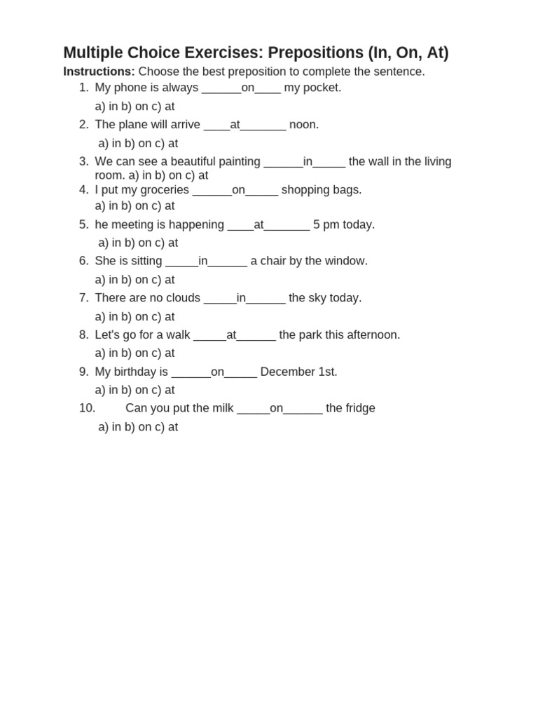 Prepositions Multiple Choice Exercises | PDF | Home & Garden