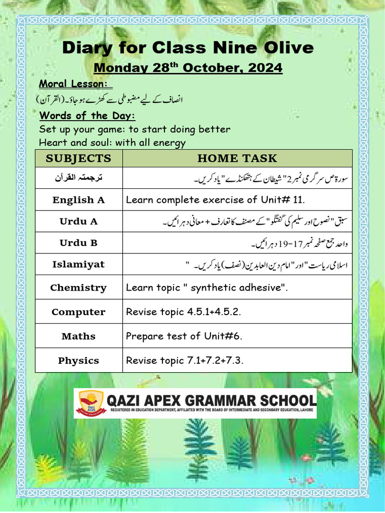Diary Grade Nine Olive 28-10-2024 | PDF
