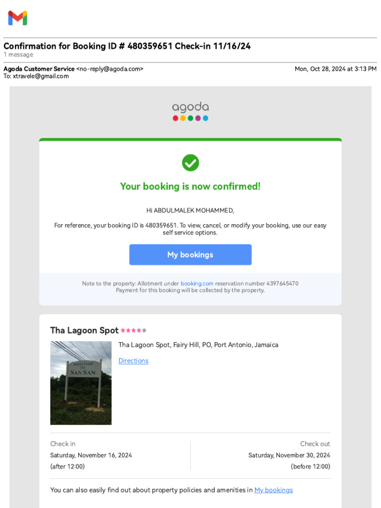 Gmail - Confirmation For Booking ID # 480359651 Check-In 11 - 16 - 24 ...