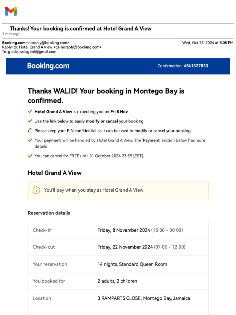 Gmail - ? Thanks! Your Booking Is Confirmed at Hotel Grand A View | PDF ...