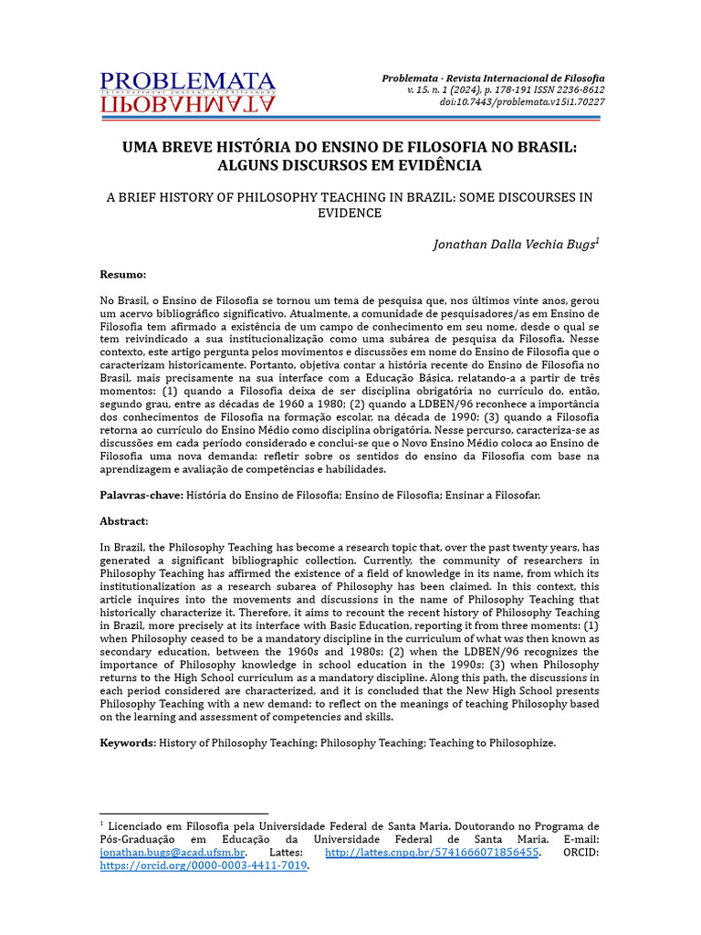 4 70227 Uma Breve Historia Do Ensino de Filosofia No Brasil Alguns Discursos em Evidencia | PDF ...