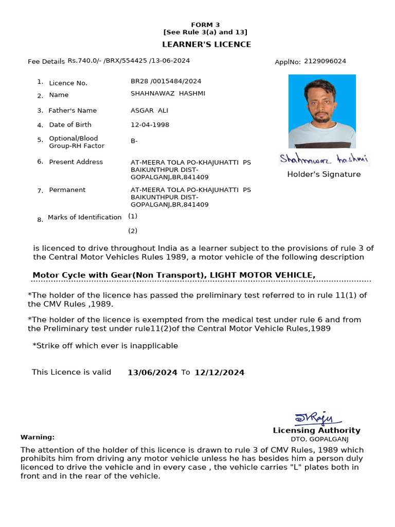 Learner'S Licence: Form 3 (See Rule 3 (A) and 13) | PDF