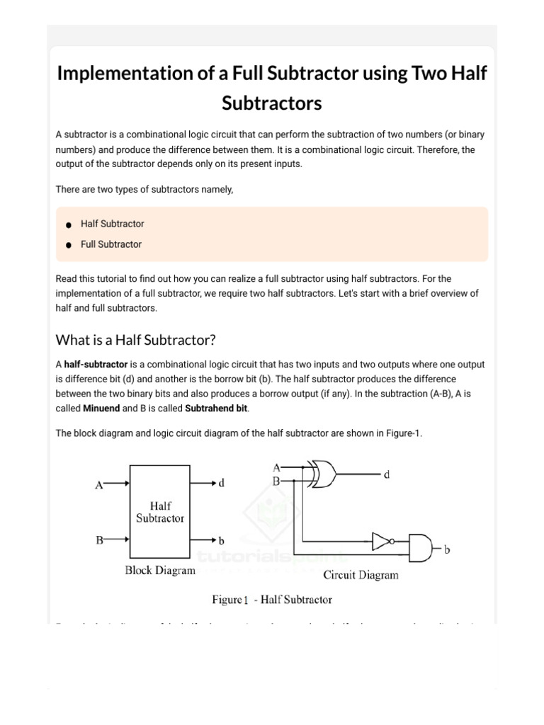 Implementation of a Full Subtractor Using Two Half Subtractors | PDF | Subtraction | Electronic ...