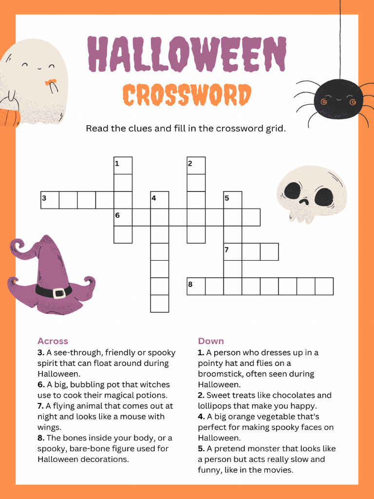 Halloween Crossword Puzzle Worksheet in Purple Orange Spooky Style | PDF