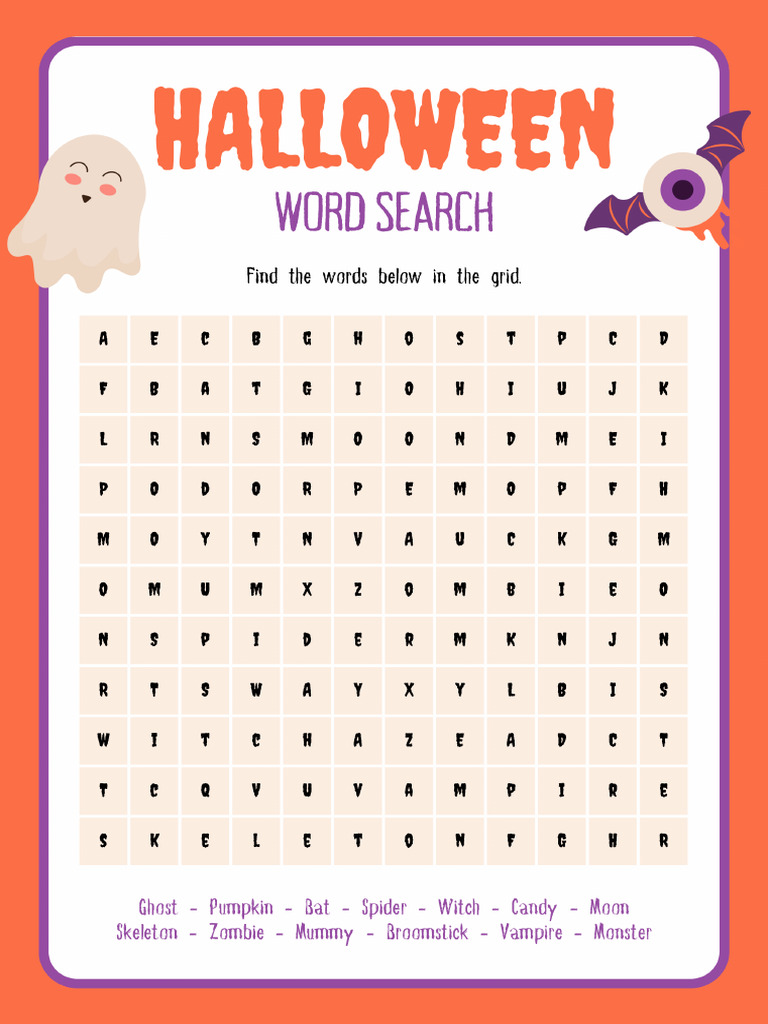 Halloween Vocabulary Word Search Worksheet in Orange Purple Spooky ...