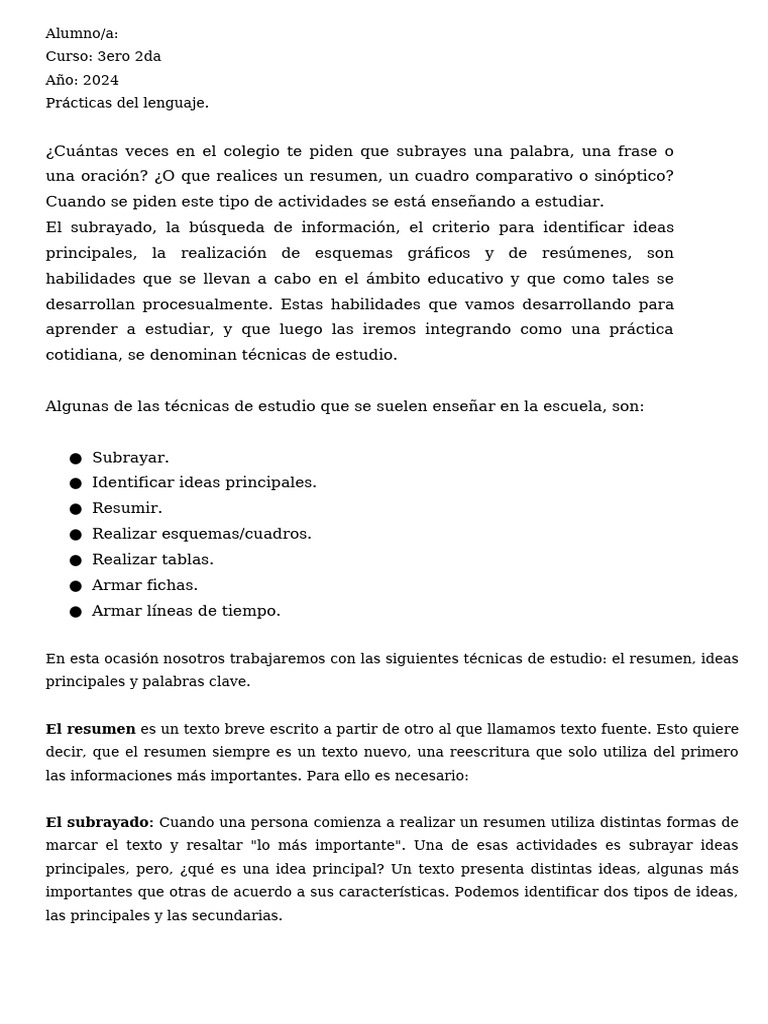 tp tecnicas de estudio 3rto | PDF | Habilidades de estudio