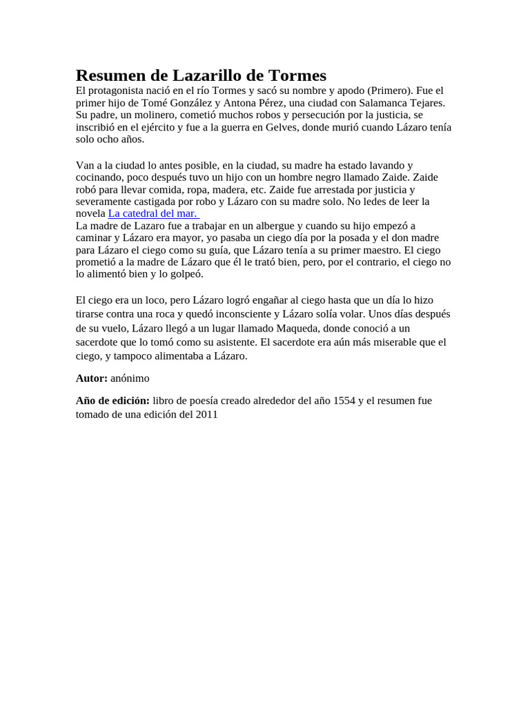 Resumen de Lazarillo de Tormes | PDF