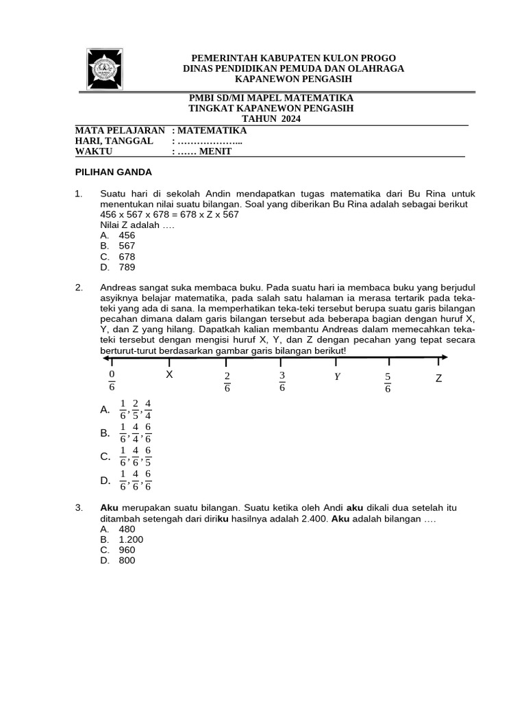 SOAL PMBI MTK PENGASIH KELAS III 2024 | PDF