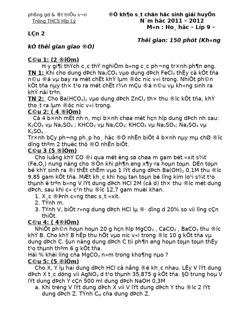 De Thi Khao Sat HSG Hoa 9 Cap Huyen 0102 | PDF