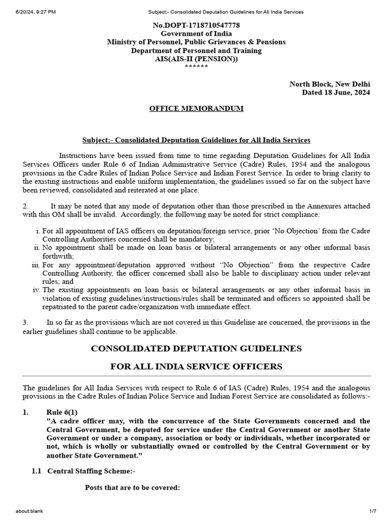DoPT Consolidated Deputation Guidelines For All India Services | PDF ...