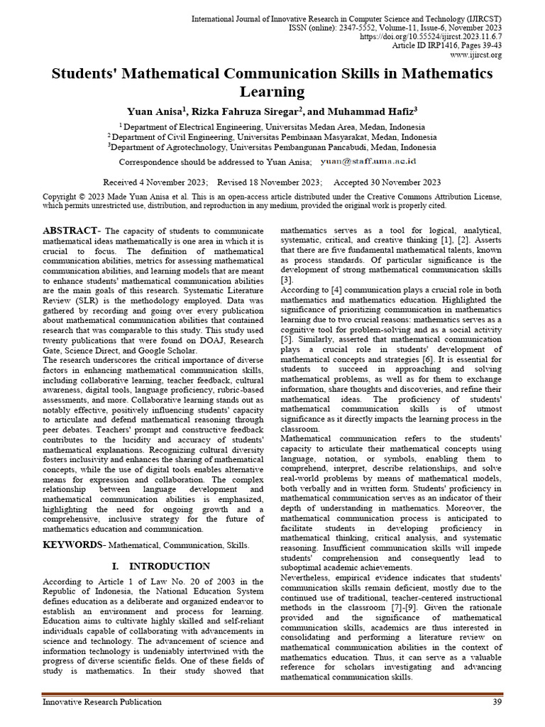 7 Students Mathematical Communication Skills in Mathematics Learning | PDF | Communication ...