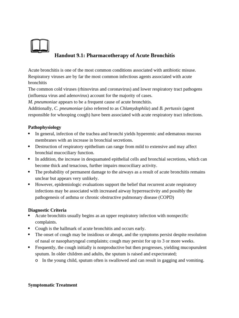 Handout 9.1 - Pharmacotherapy of Acute Bronchitis | PDF