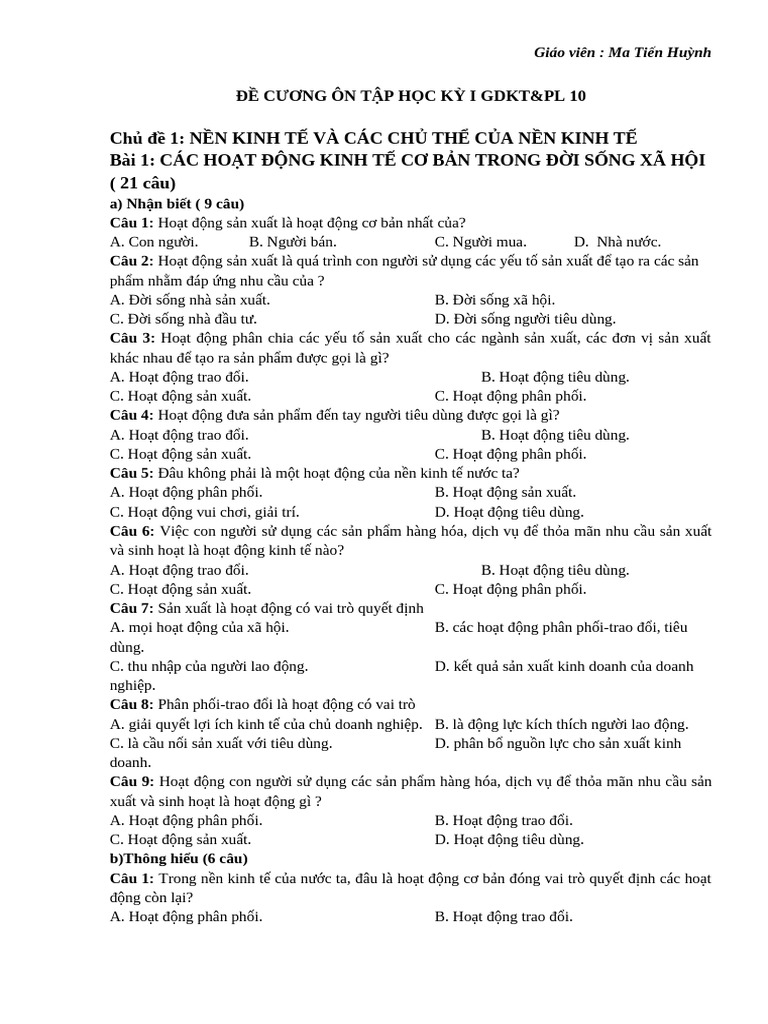 ĐỀ CƯƠNG ÔN TẬP HỌC KỲ I GDKT | PDF