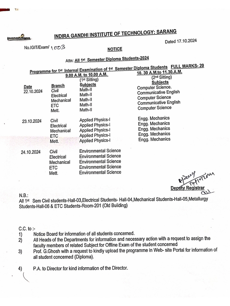 Notice For 1st Internal Examination of 1st Semester Diploma Students ...