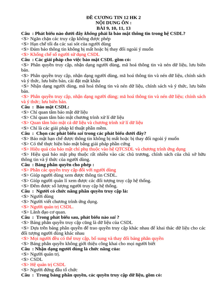 De Cuong HK2 Tin 12 HOC SINH | PDF