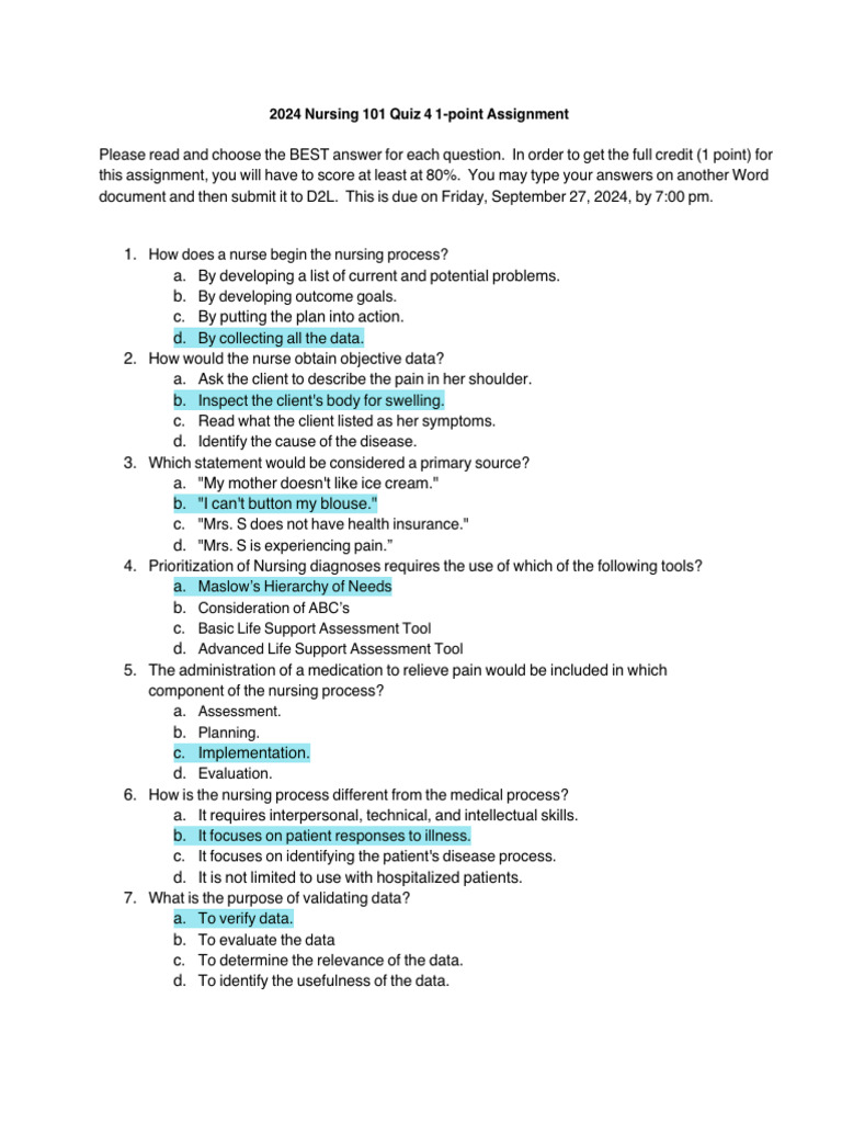 2024 Nursing 101 Quiz 4 1-point Assignment | PDF