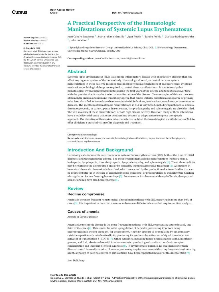 A Practical Perspective of The Hematologic Manifestations of Systemic ...