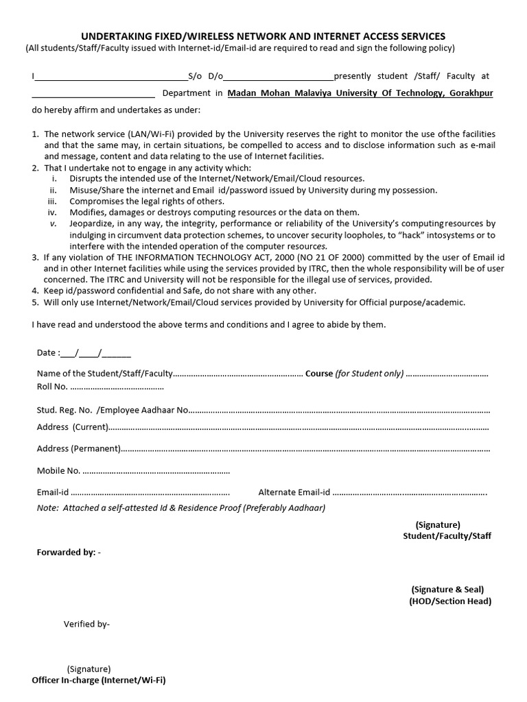 Undertaking Form of Internet | PDF | Computer Network | Internet