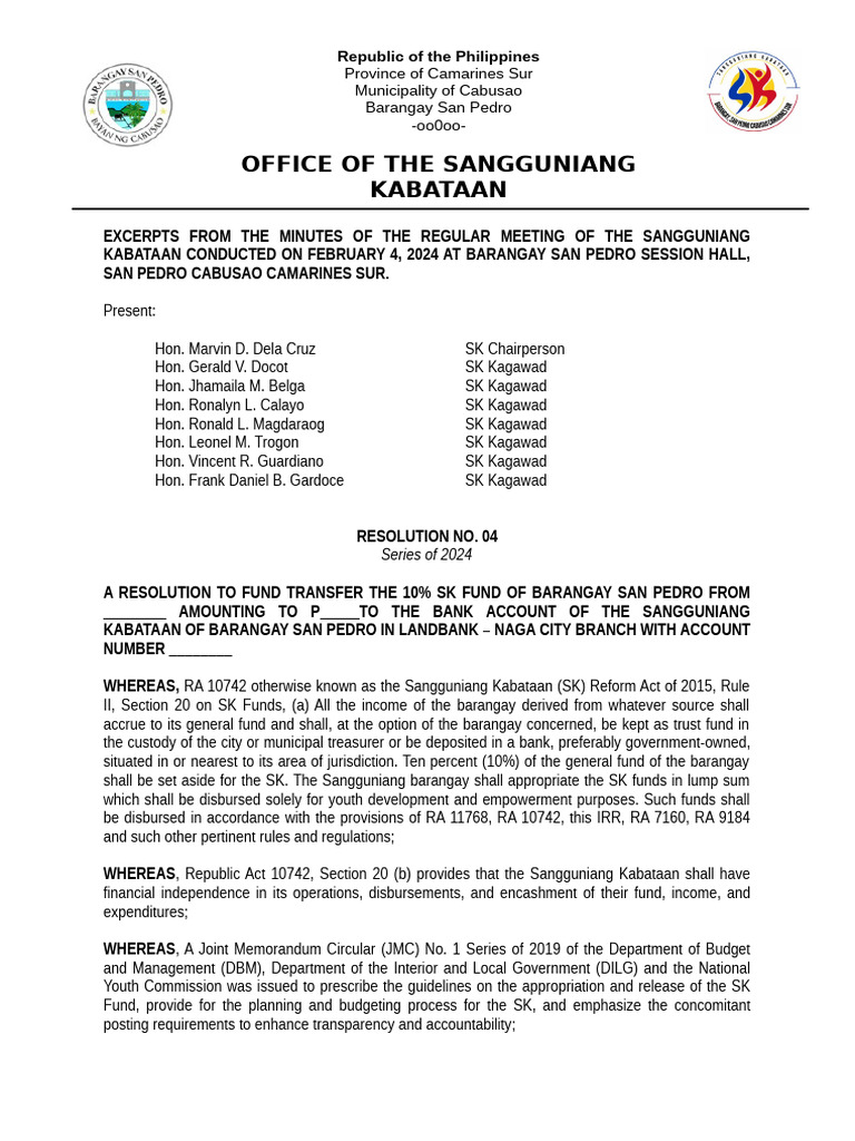010 - Resolution SK Fund Transfer | PDF | Government