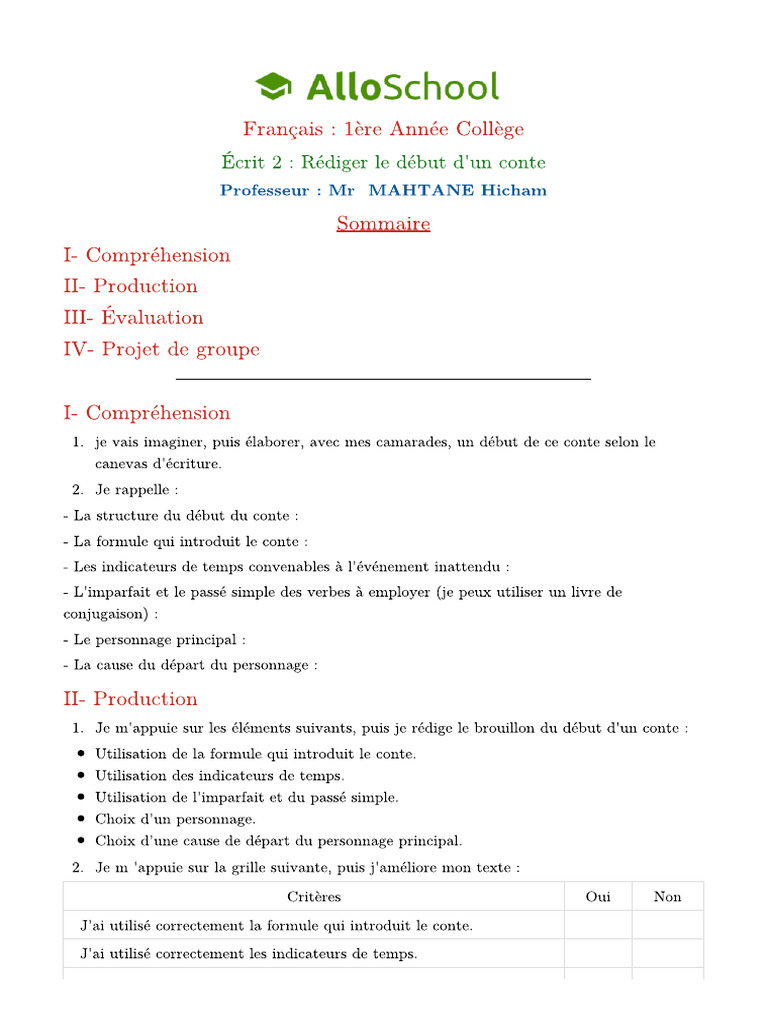 Ecrit 2 Rediger Le Debut D Un Conte | PDF