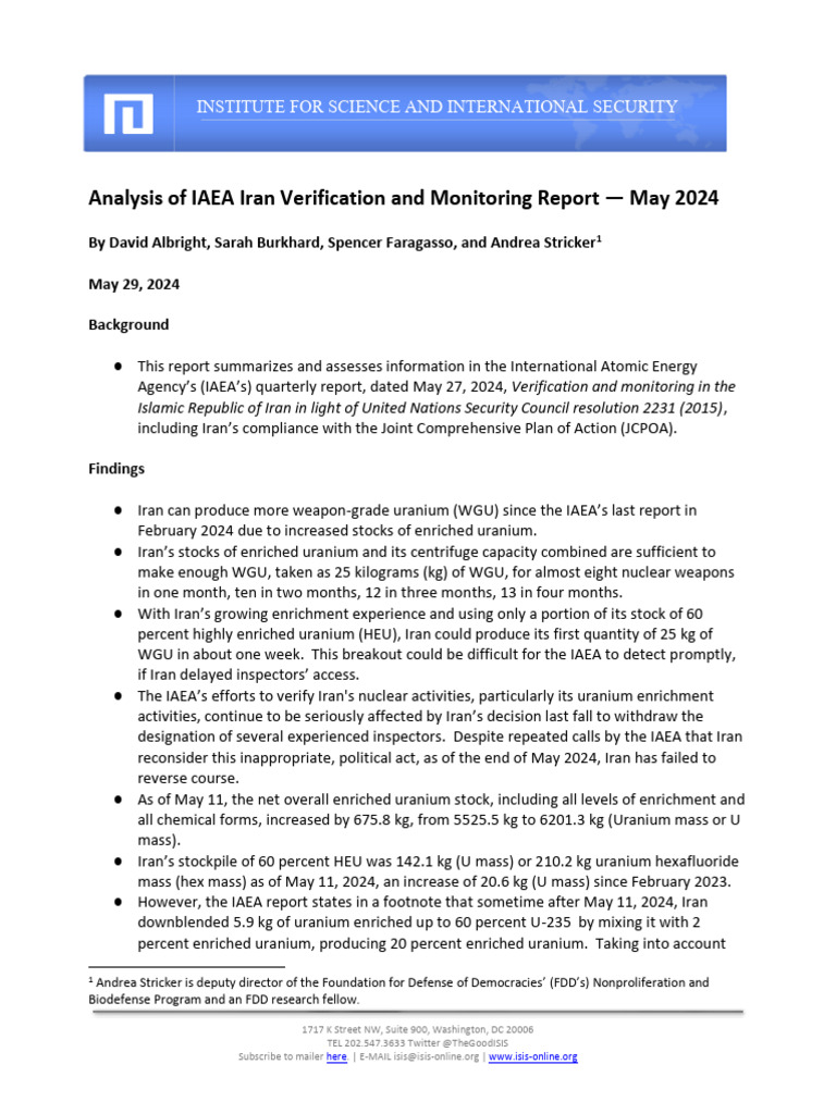 Analysis of May 2024 IAEA Iran Verification Report May 29 Final | PDF ...