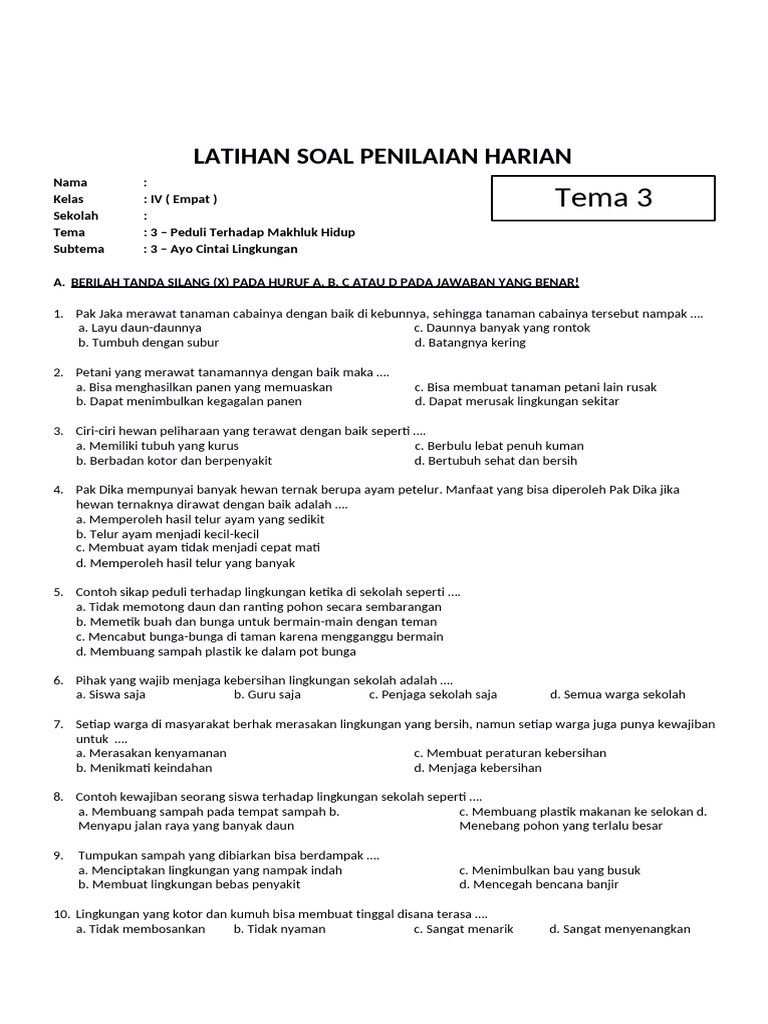 Soal Tematik Kelas 4 Sd Tema 3 Subtema 3 Ayo Cintai Lingkungan Dan