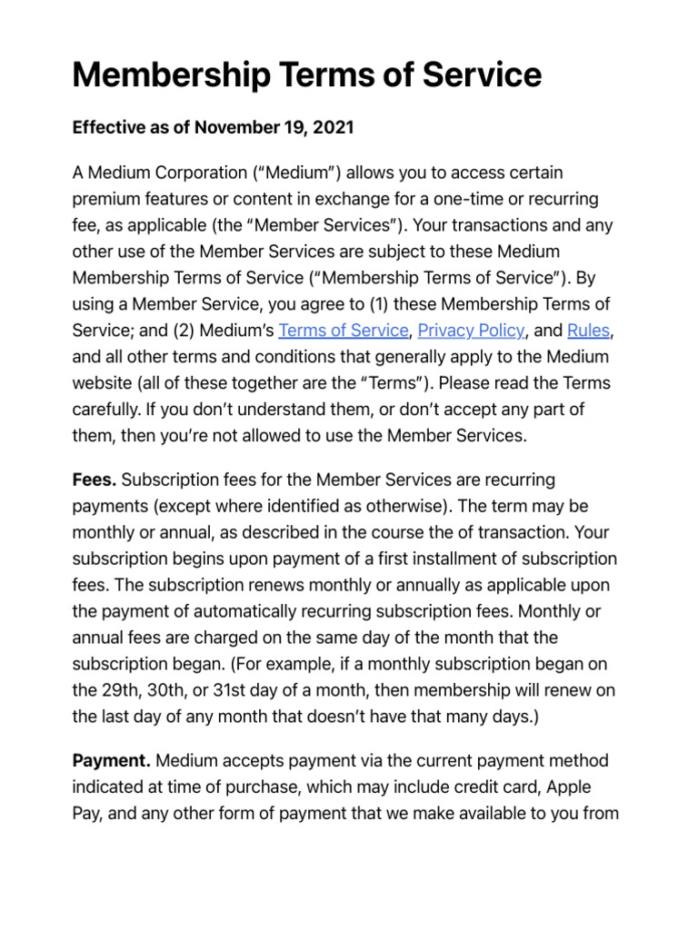 Membership Terms of Service - Medium Help Center | PDF | Payments ...