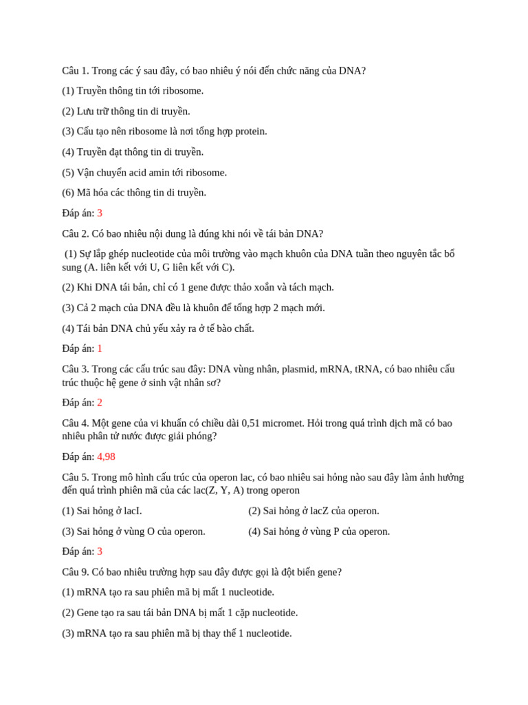 SINH 12 GK1 (trả lời ngắn) | PDF