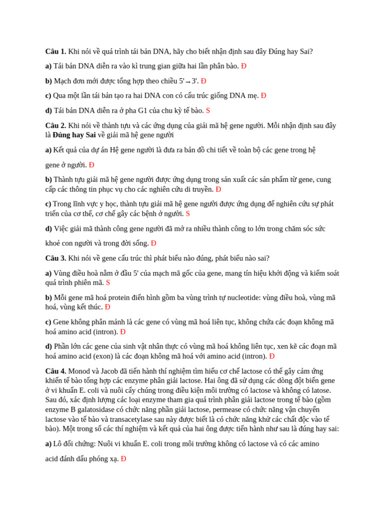 SINH 12 GK1 (Đúng Sai) | PDF