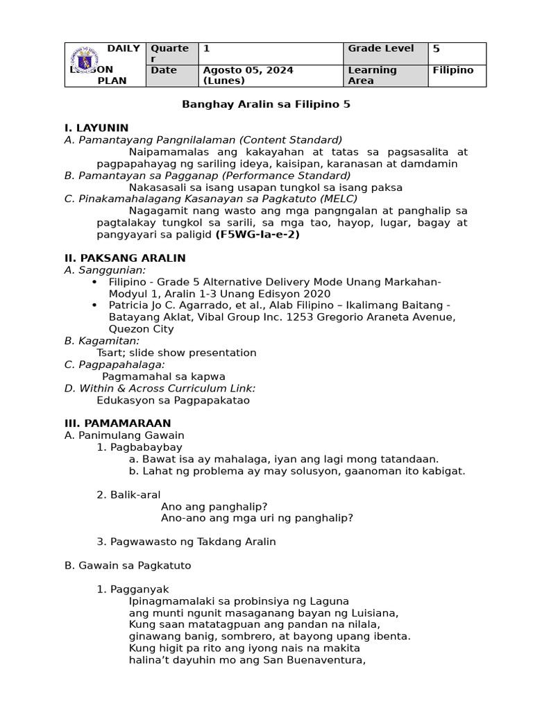 DLP - FILIPINO 5 - Q1 - W2 Day 1 5 | PDF