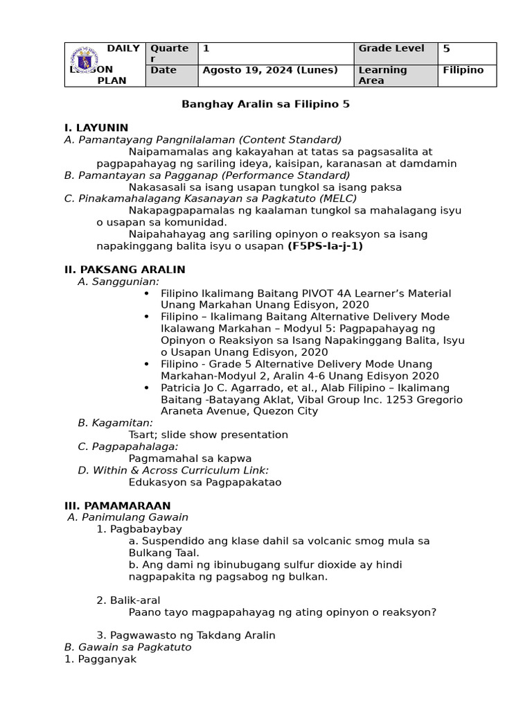 DLP - FILIPINO 5 - Q1 - W4 Day 1 4 | PDF