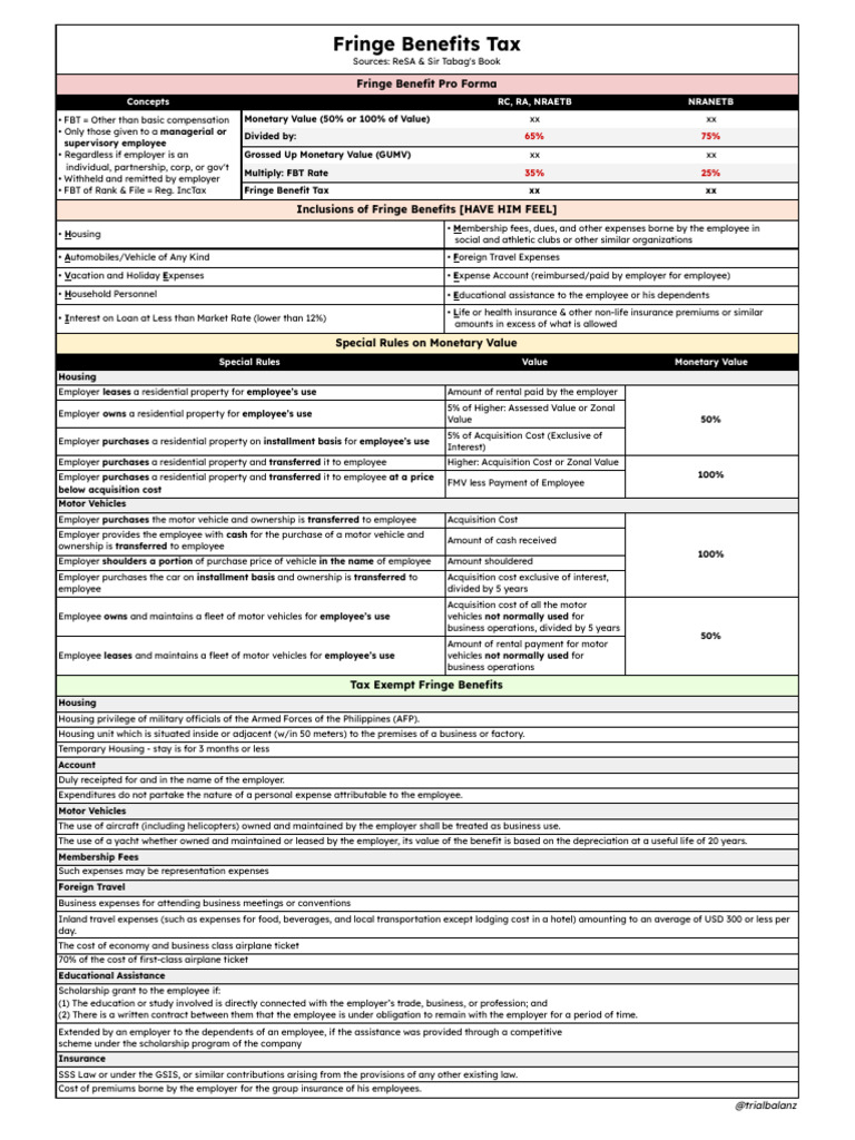 Fringe Benefits Tax Rate Summary (@trialbalanz) | PDF | Employment ...