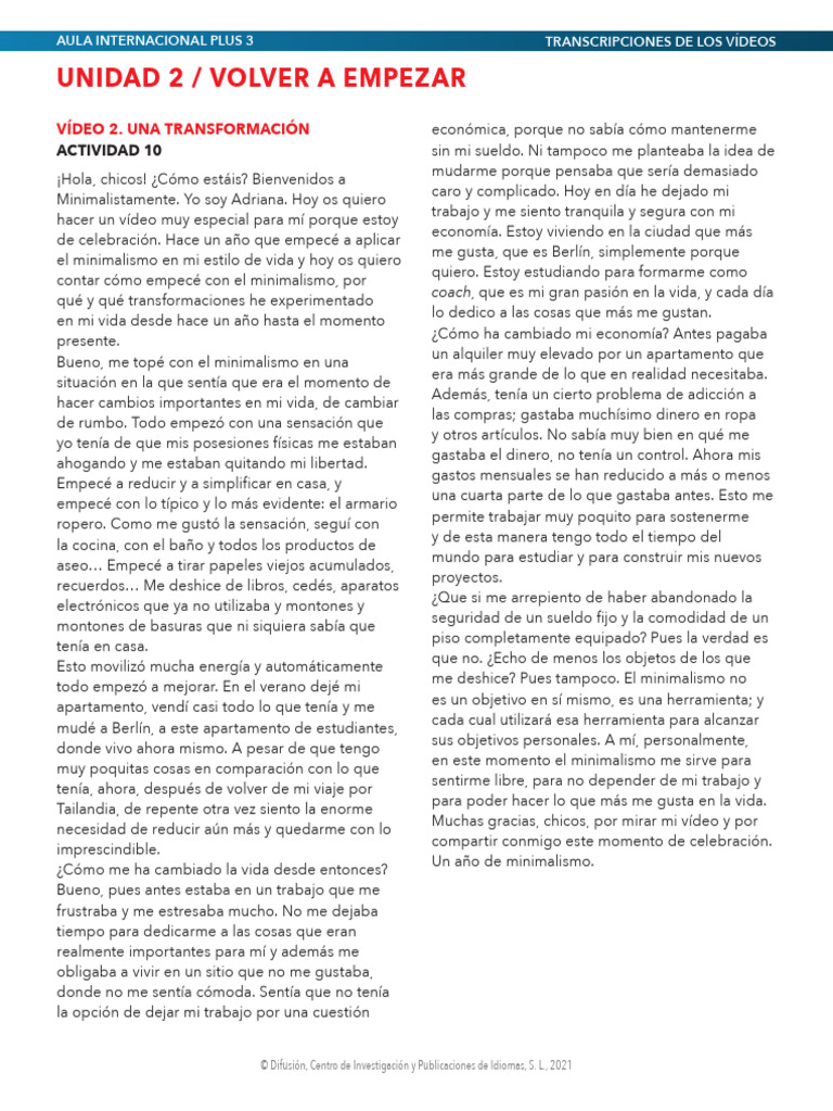 Auint Plus 3 Transcripcion Video U02 | PDF