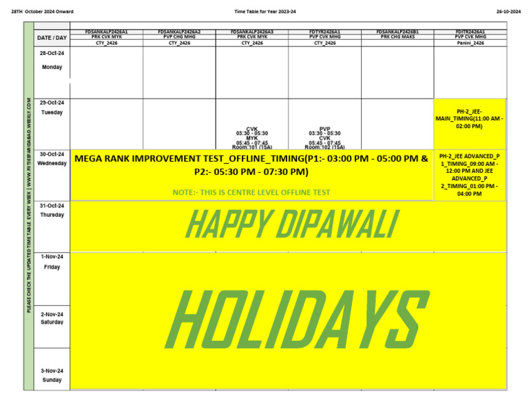 Time Table 28th October To 03rd November 2024 Class-11 | PDF