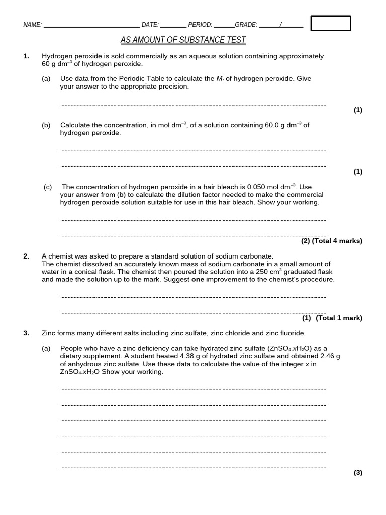 As CH 01 Amount of Substance Test 2019-2020 | PDF | Zinc | Acid