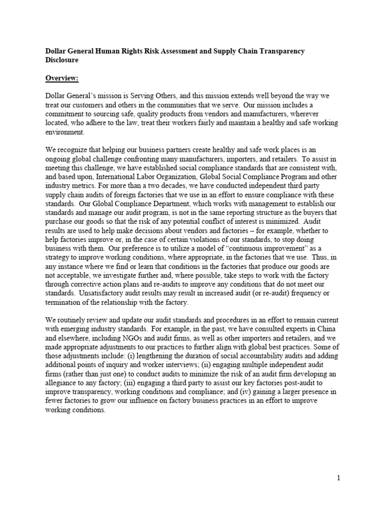 DG Human Rights Risk Assessment and Supply Chain Transparency ...