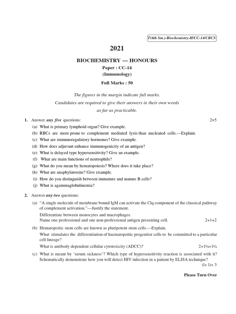 CU-2021 B.sc. (Honours) Biochemistry Semester-VI Paper-CC-14 QP | PDF ...