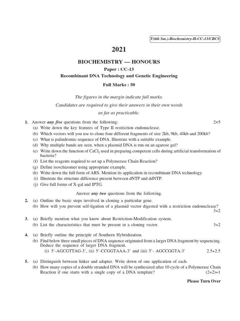 CU-2021 B.sc. (Honours) Biochemistry Semester-VI Paper-CC-13 QP | PDF ...
