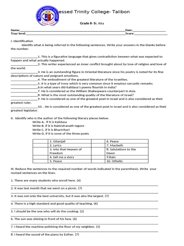 English Exam For Grade 8 | PDF