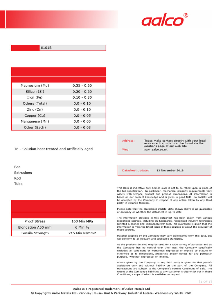 Aalco Metals LTD Aluminium Alloy 6101B T6 Extrusions 358 | PDF ...