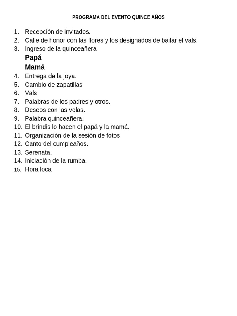 Programa Del Evento Quince Años | PDF