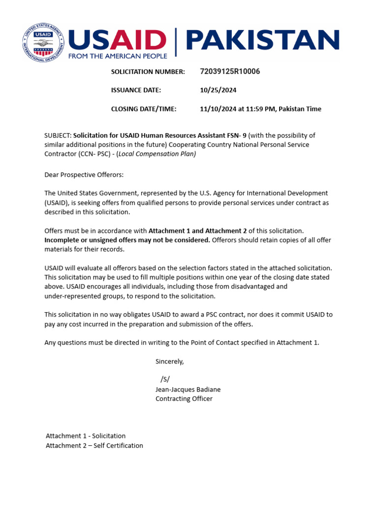 Solicitation 72039125R10006 USAID HR Assistant FSN 9 External | PDF ...