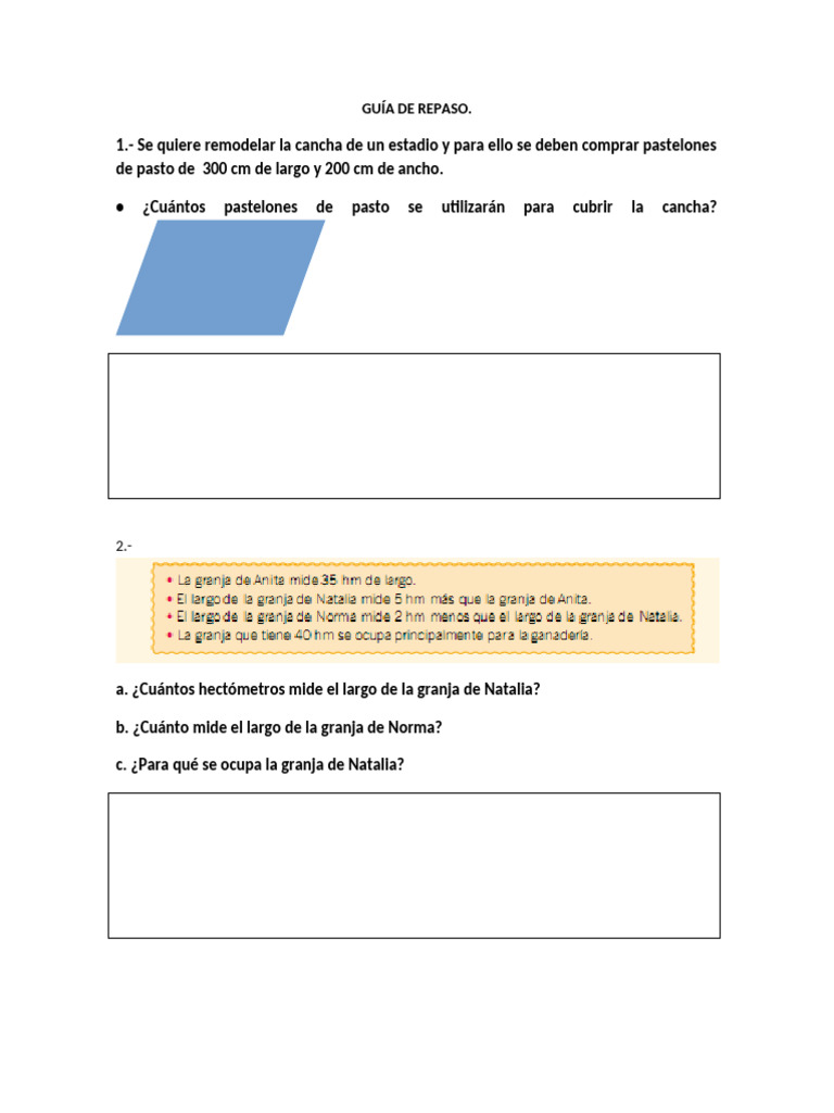 Guía de Repaso, Unidades de Medidas, Areas y Perímetro | PDF | Hogar ...