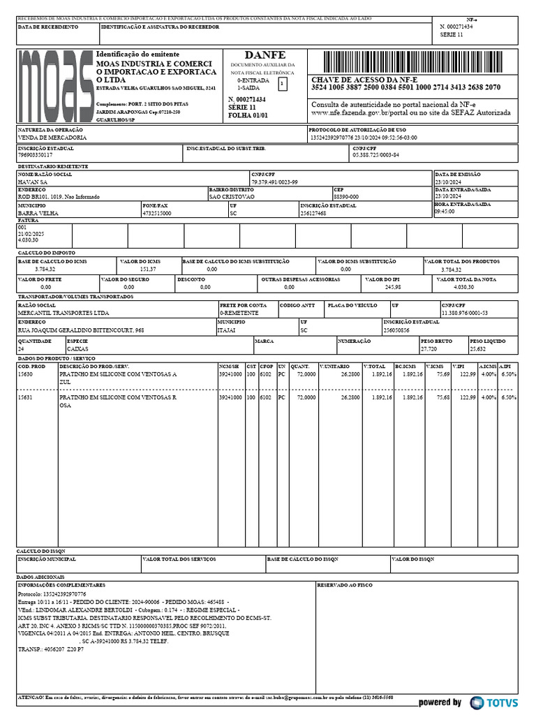 Danfe 00000720241023104042 | PDF | Recibo | Documentos empresariais